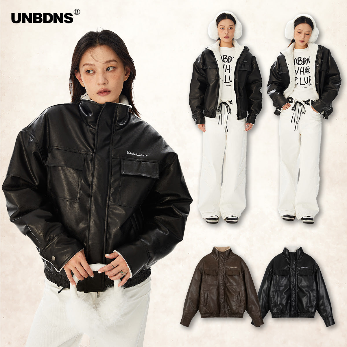 UNBDNS Maillard stand collar PU leather jacket motorcycle jacket ...